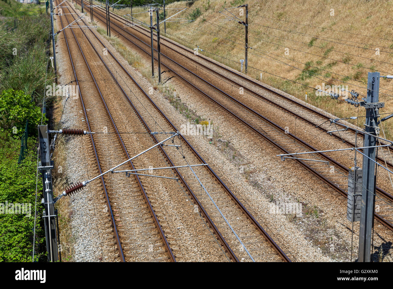 empty railroad with posts and wires in summer day Stock Photo - Alamy