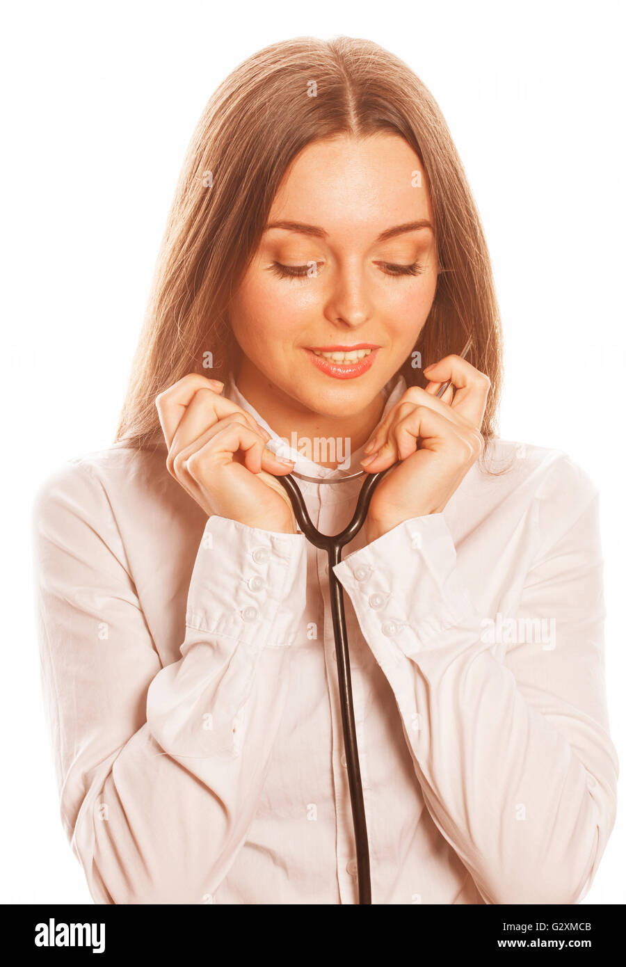 young pretty woman doctor with stethoscope on white background Stock ...
