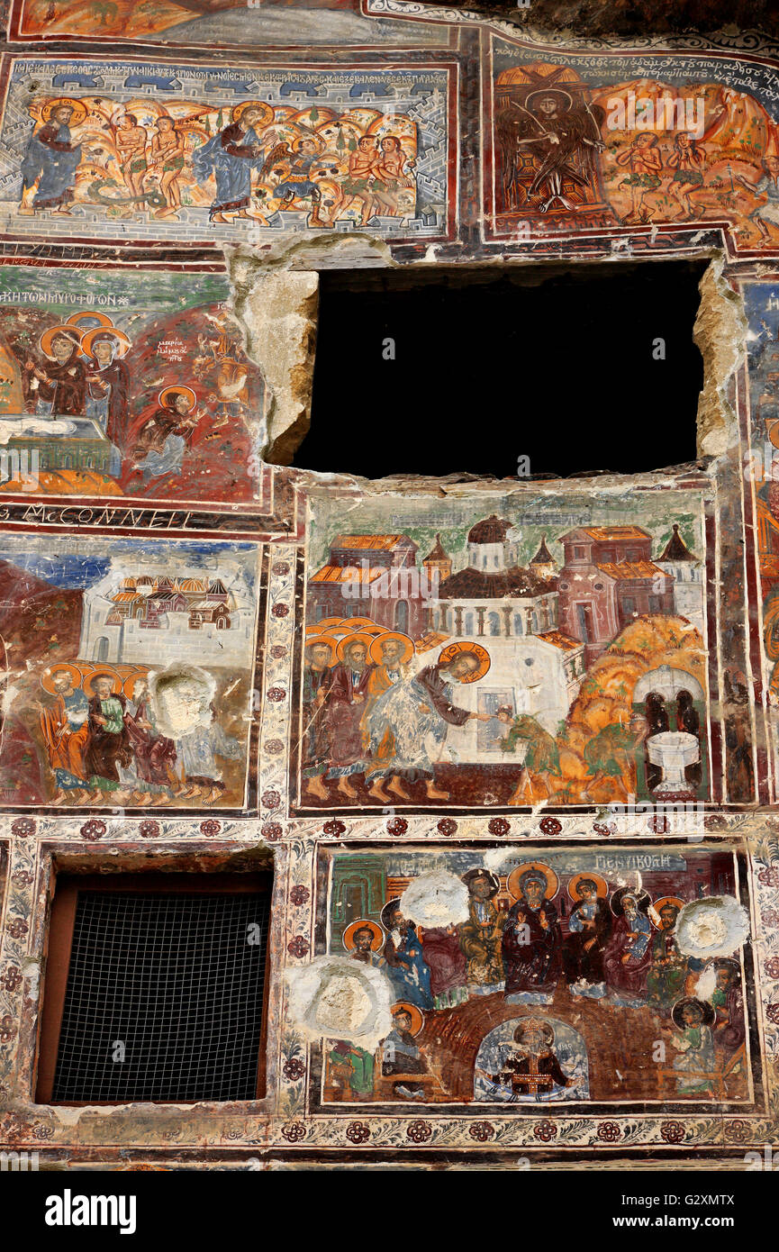 Beautiful byzantine frescoes on the exterior walls of the main church ...