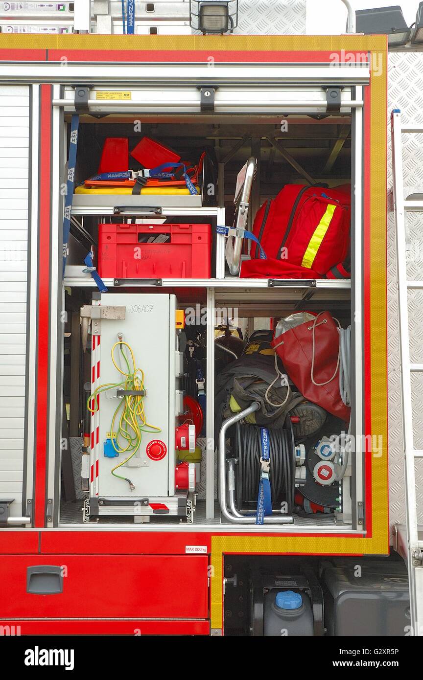 Fire brigade equipment inside truck in Poznan Poland 25.10.2013 Stock ...