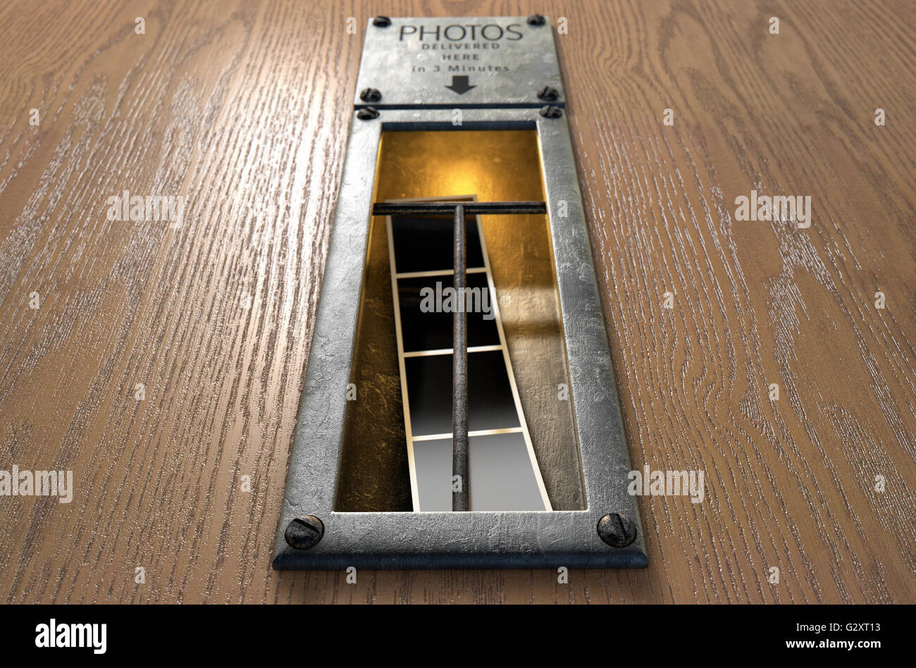 A 3D render of an illuminated vintage photo booths retrieval slot with ...
