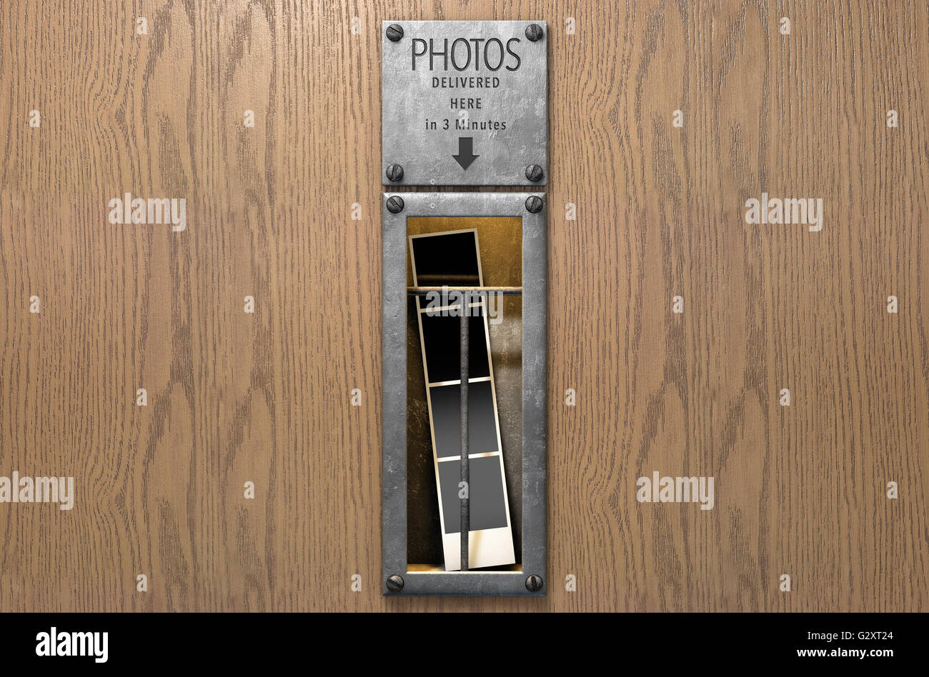 A 3D render of an illuminated vintage photo booths retrieval slot with ...