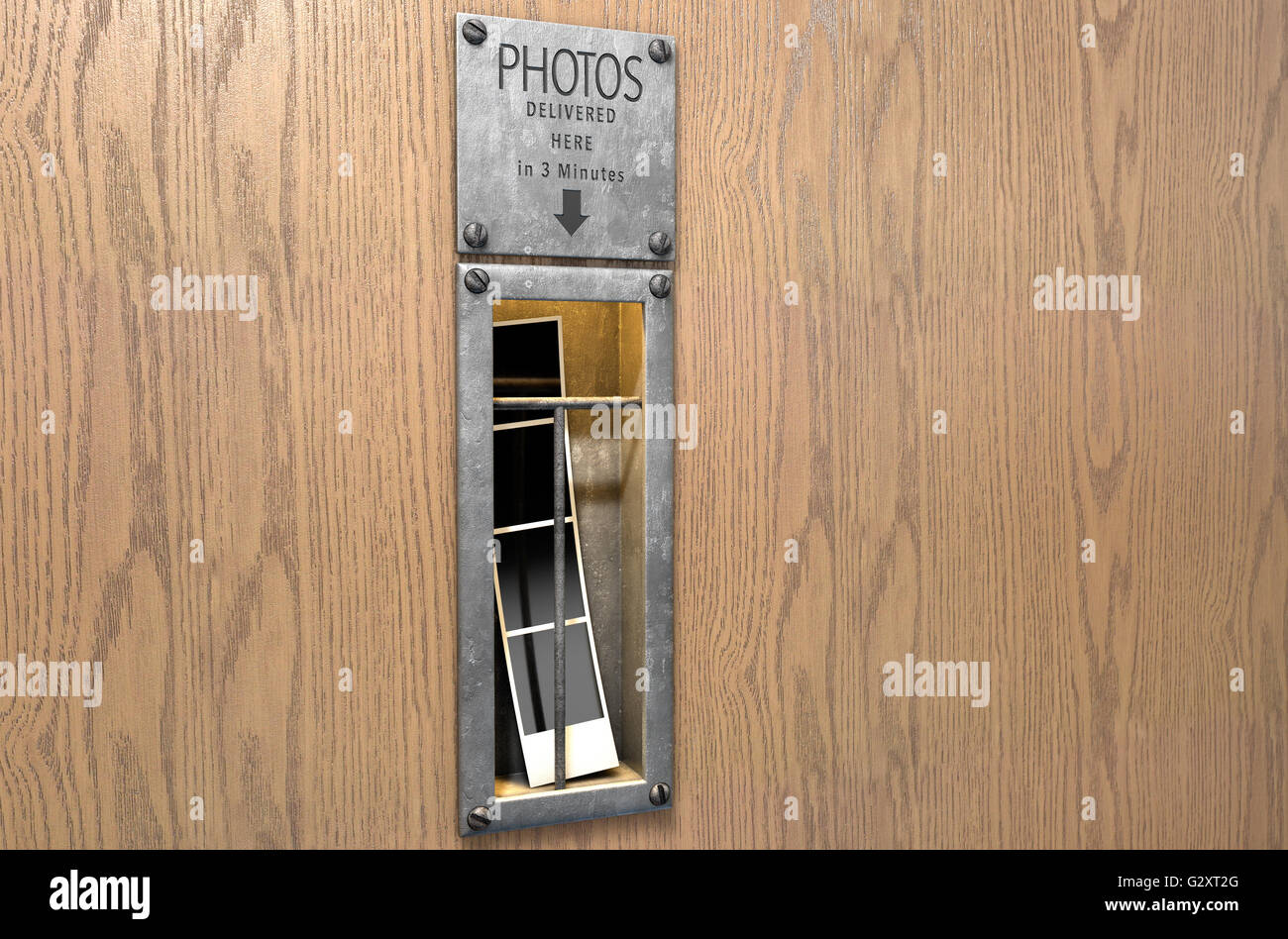 A 3D render of an illuminated vintage photo booths retrieval slot with ...