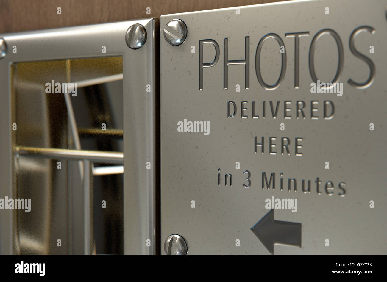 A 3D render of an illuminated vintage photo booths retrieval slot with ...