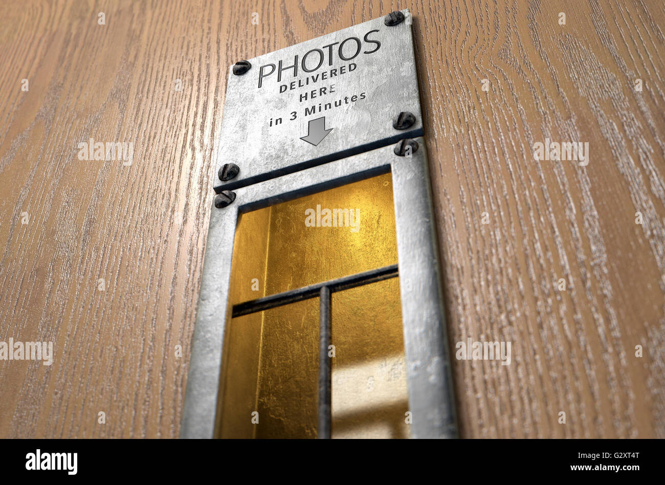 A 3D render of an empty illuminated vintage photo booths retrieval slot ...