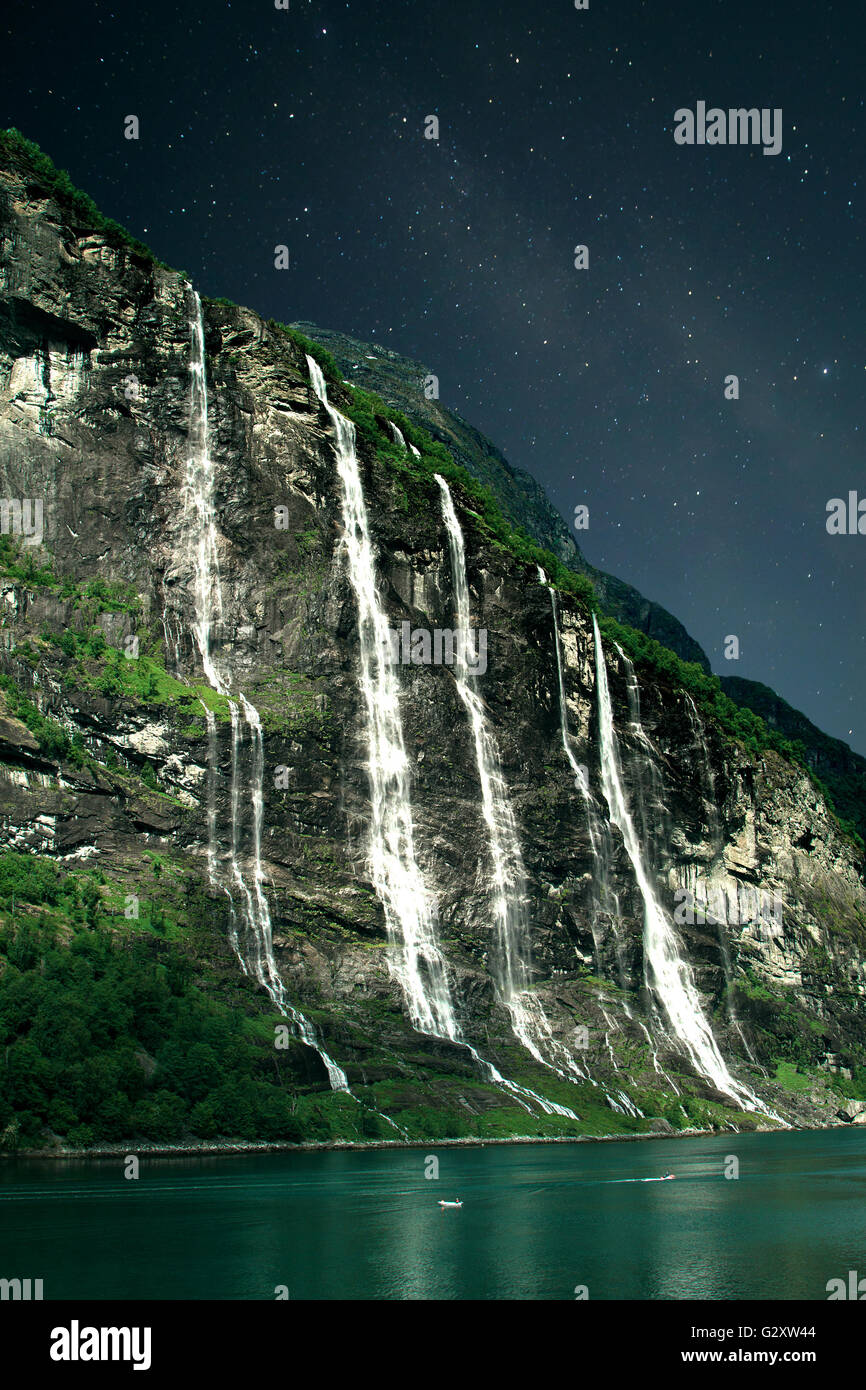 At night, under the light of stars. Geiranger fjord, Norway ...