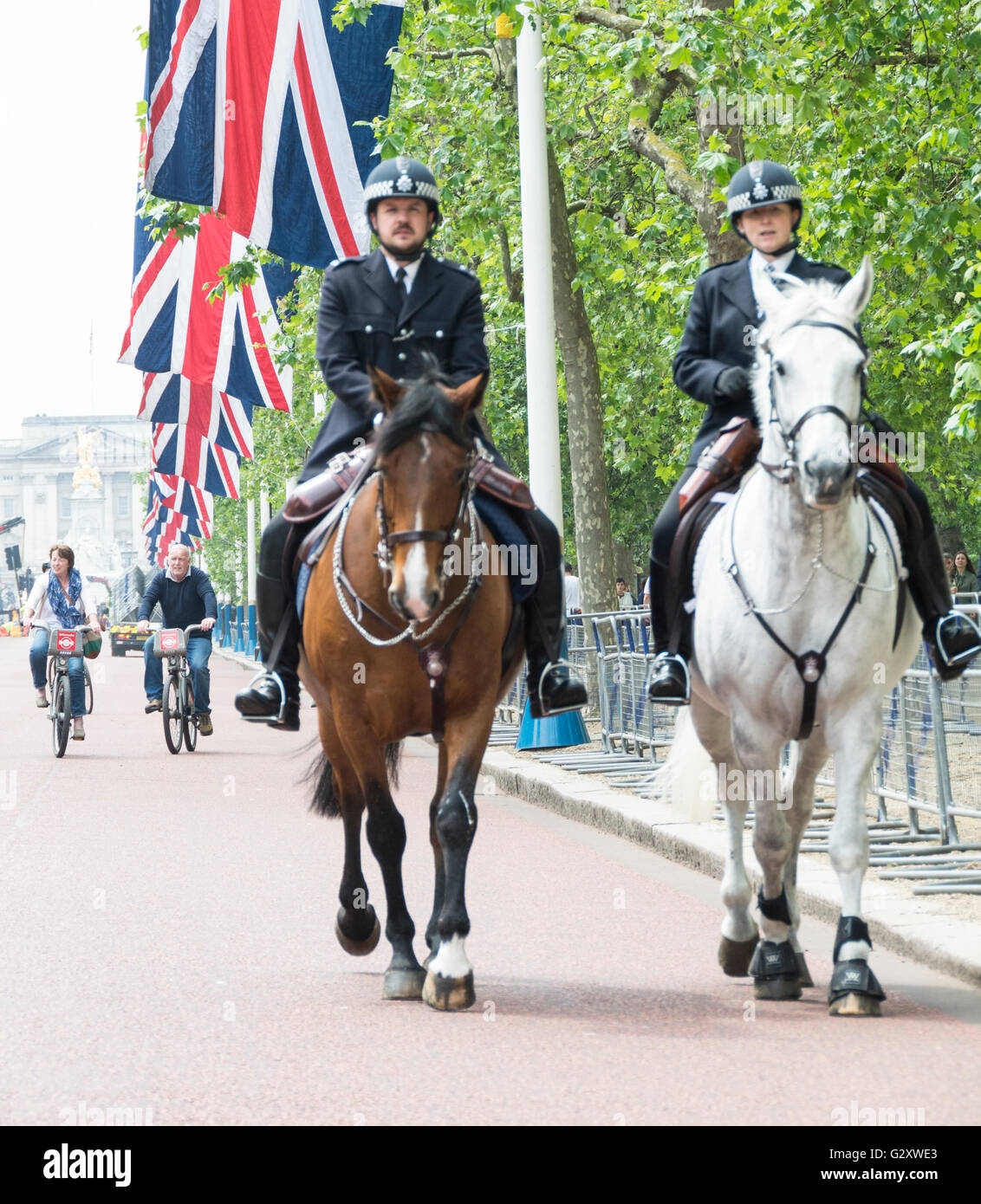 Bunting and mounted police on the Mall - the aftermath of the Trooping ...