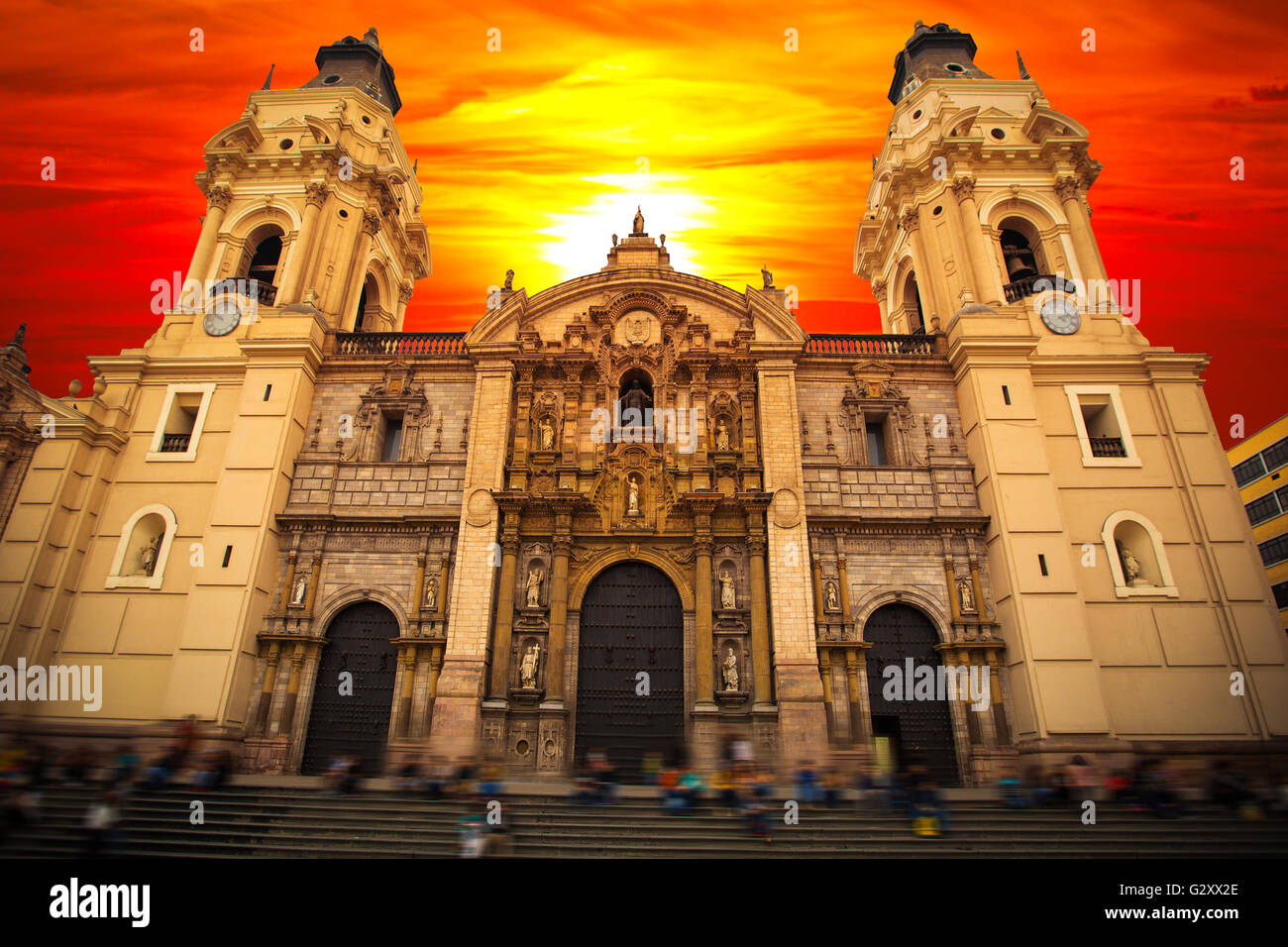 LIMA. PERU. View of the cathedral church and the main square in the ...