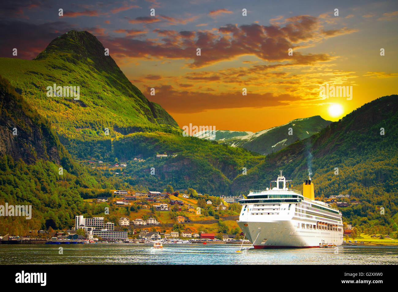 Ferry in Geiranger. bay in the Norwegian mountains. Gold autumn Stock ...