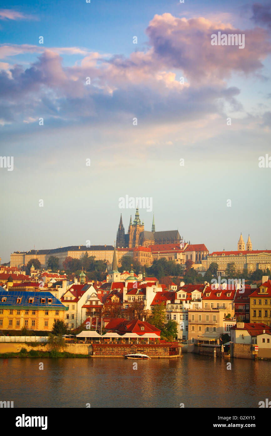 Scenic summer panorama of the Old Town architecture with Vltava river ...