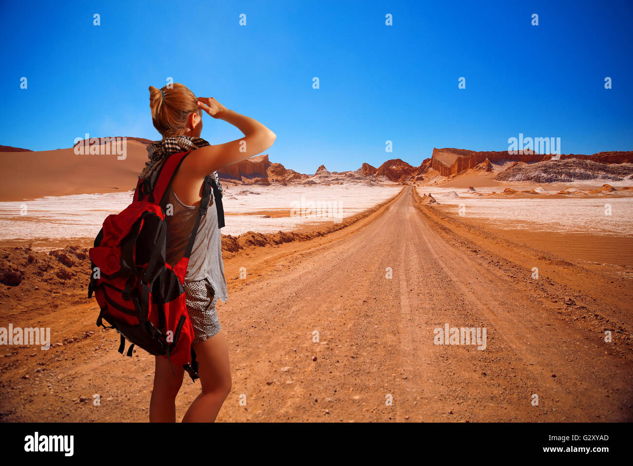 girl tourist with a backpack. Amphitheatre is beautiful geological ...