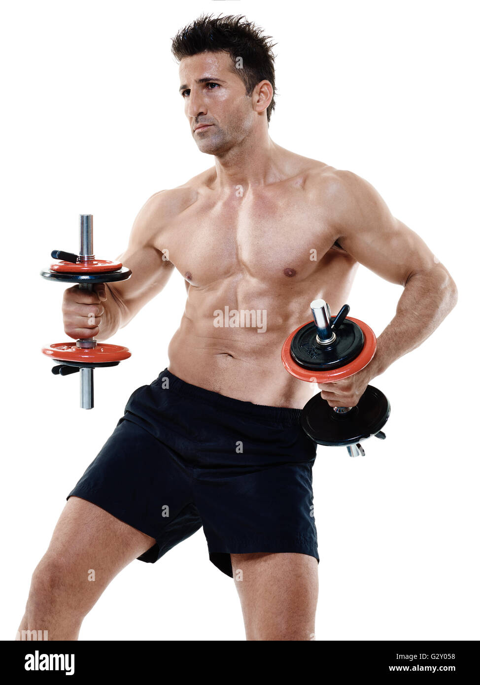 one caucasian man exercising fitness weights exercices isolated on ...