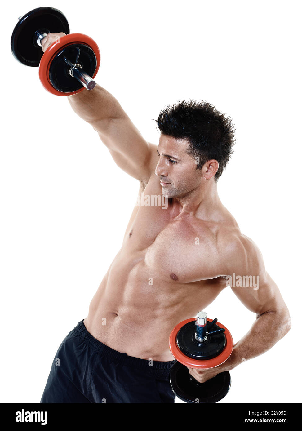 one caucasian man exercising fitness weights exercices isolated on ...