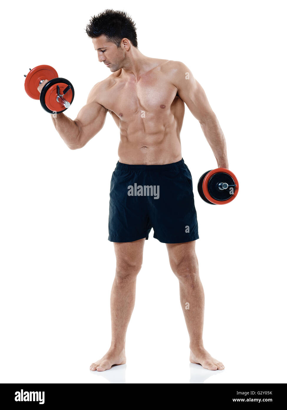 one caucasian man exercising fitness weights exercices isolated on ...