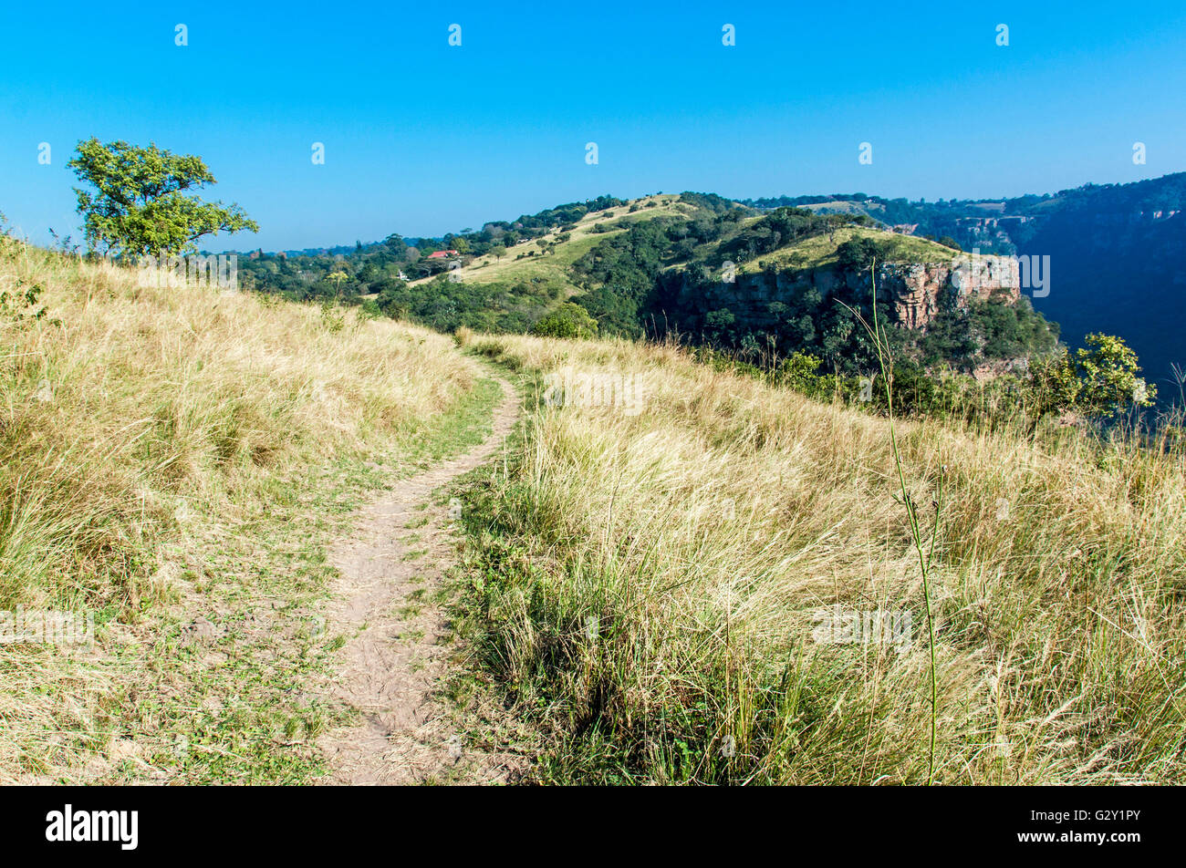 Landscape view of hiking trail path in nature reserve with rock cliff ...