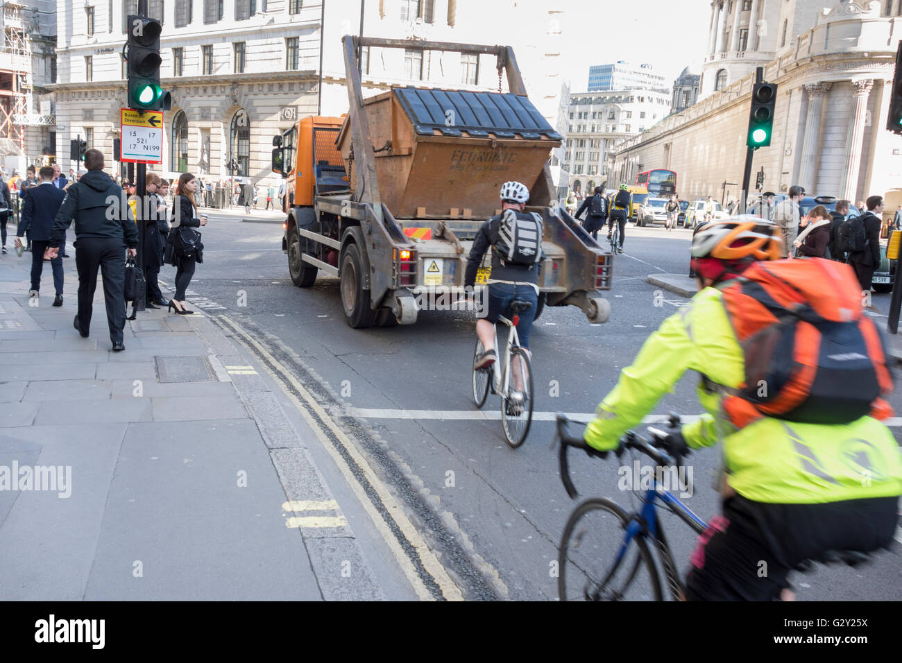HGV lorry turning left at traffic lights in front of London cyclists ...
