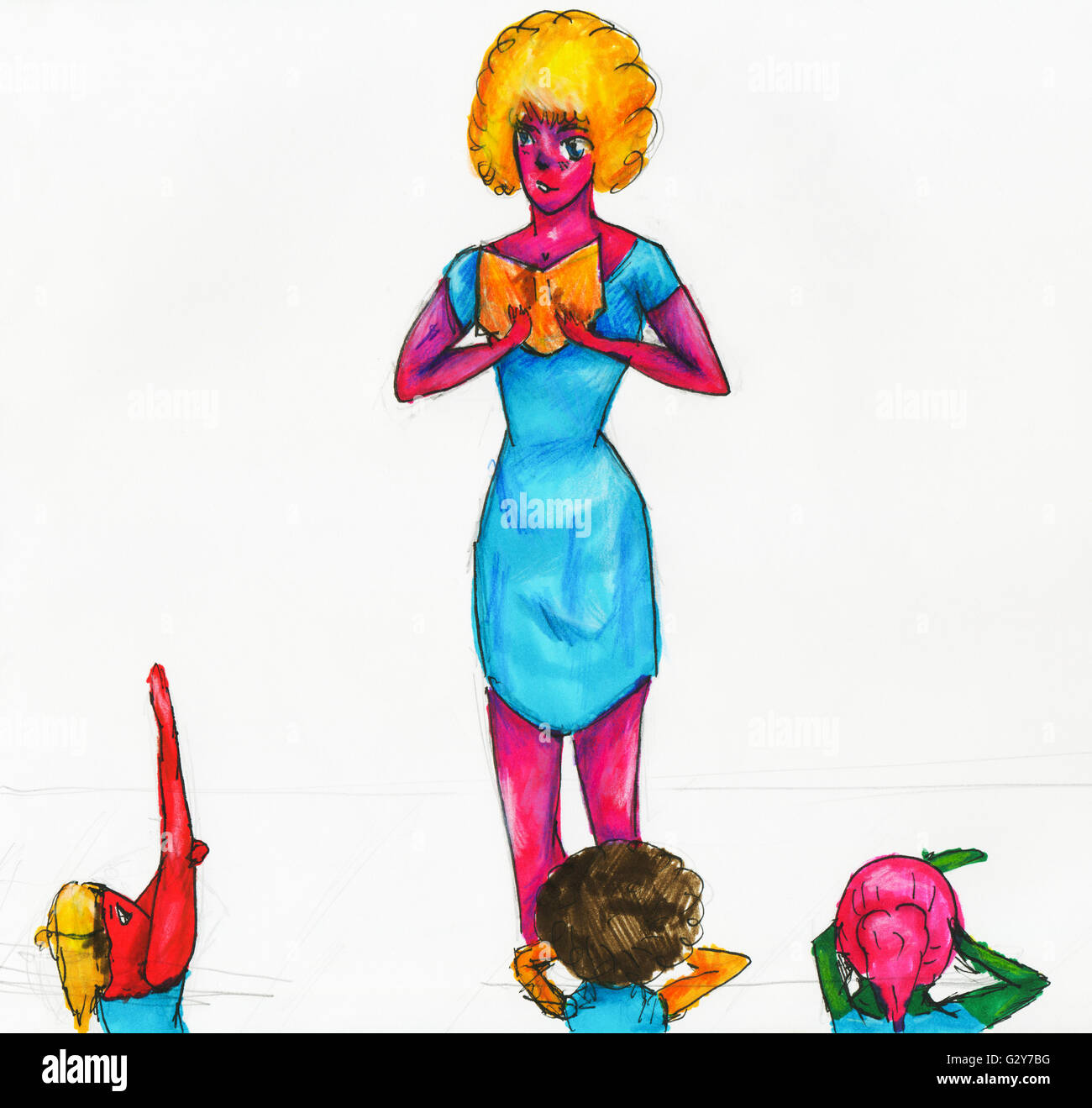 child's drawing - Female teacher and school pupils of in classroom hand ...