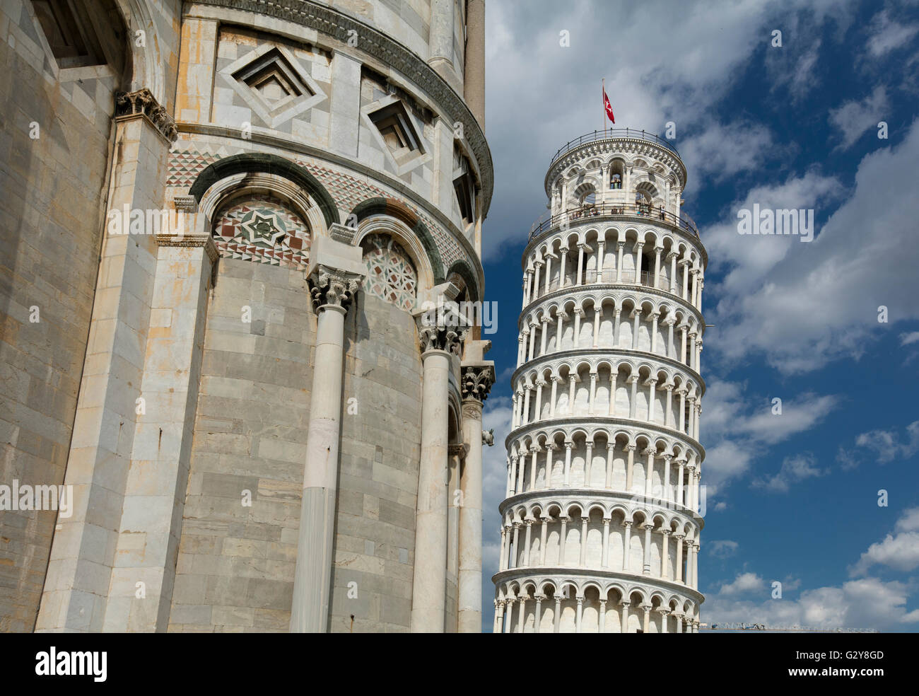 A view of the medieval belltower of Pisa Cathedral, commonly know as ...