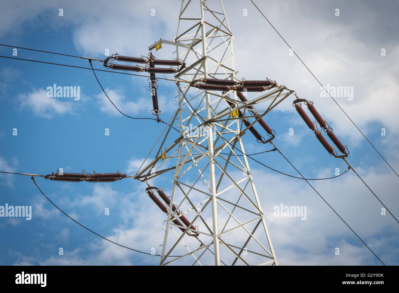 High voltage electric pole with wires, line of electricity ...
