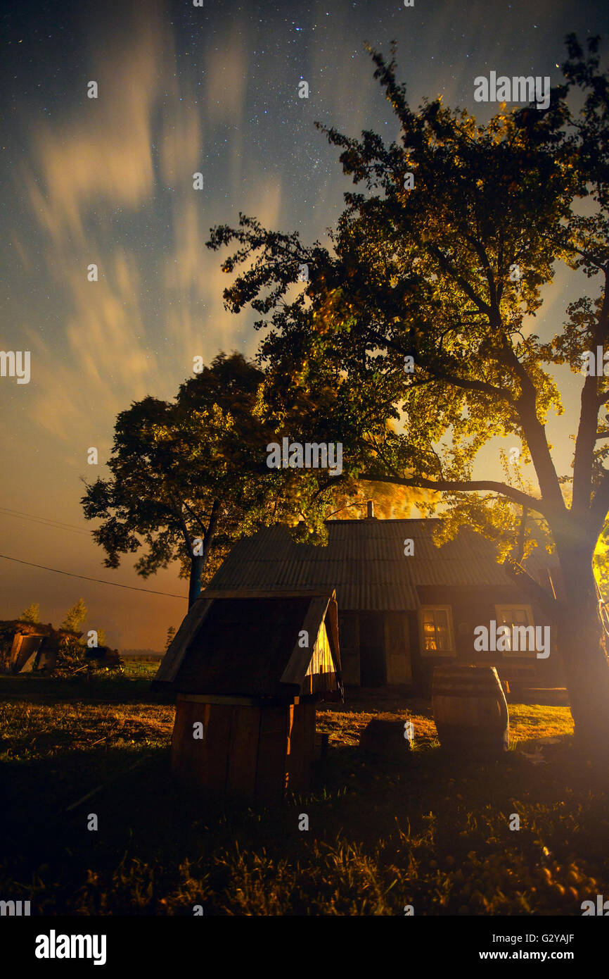 night in the village. stars shine in the sky above the trees Stock ...