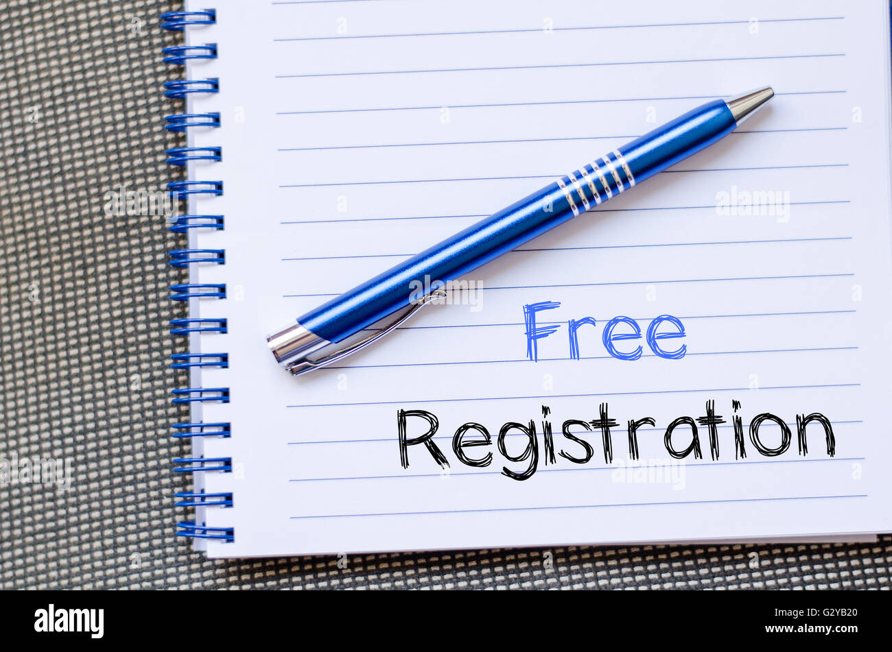 Free registration text concept write on notebook Stock Photo - Alamy