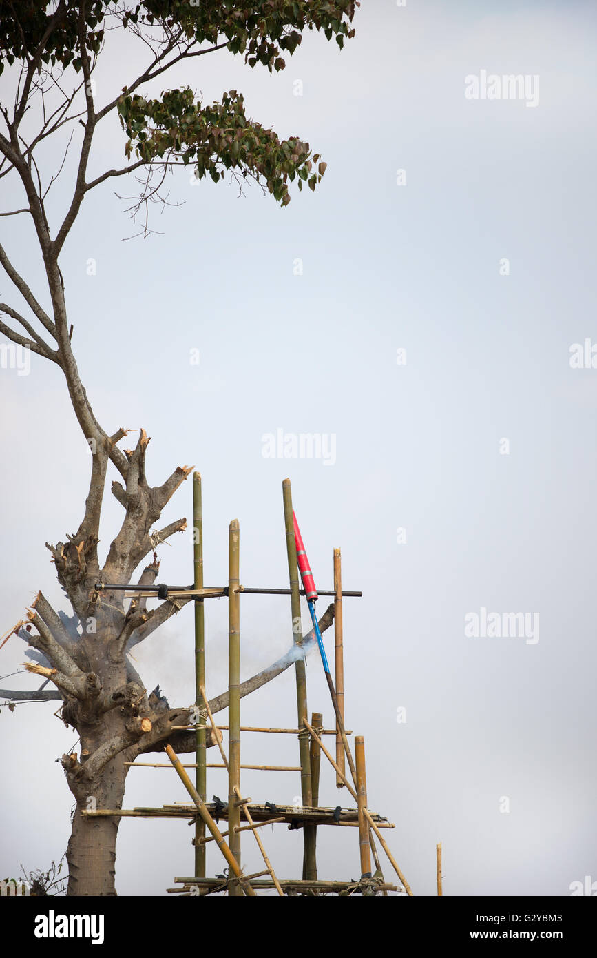A bamboo rocket ready to start during the flying rockets contest on Pa ...