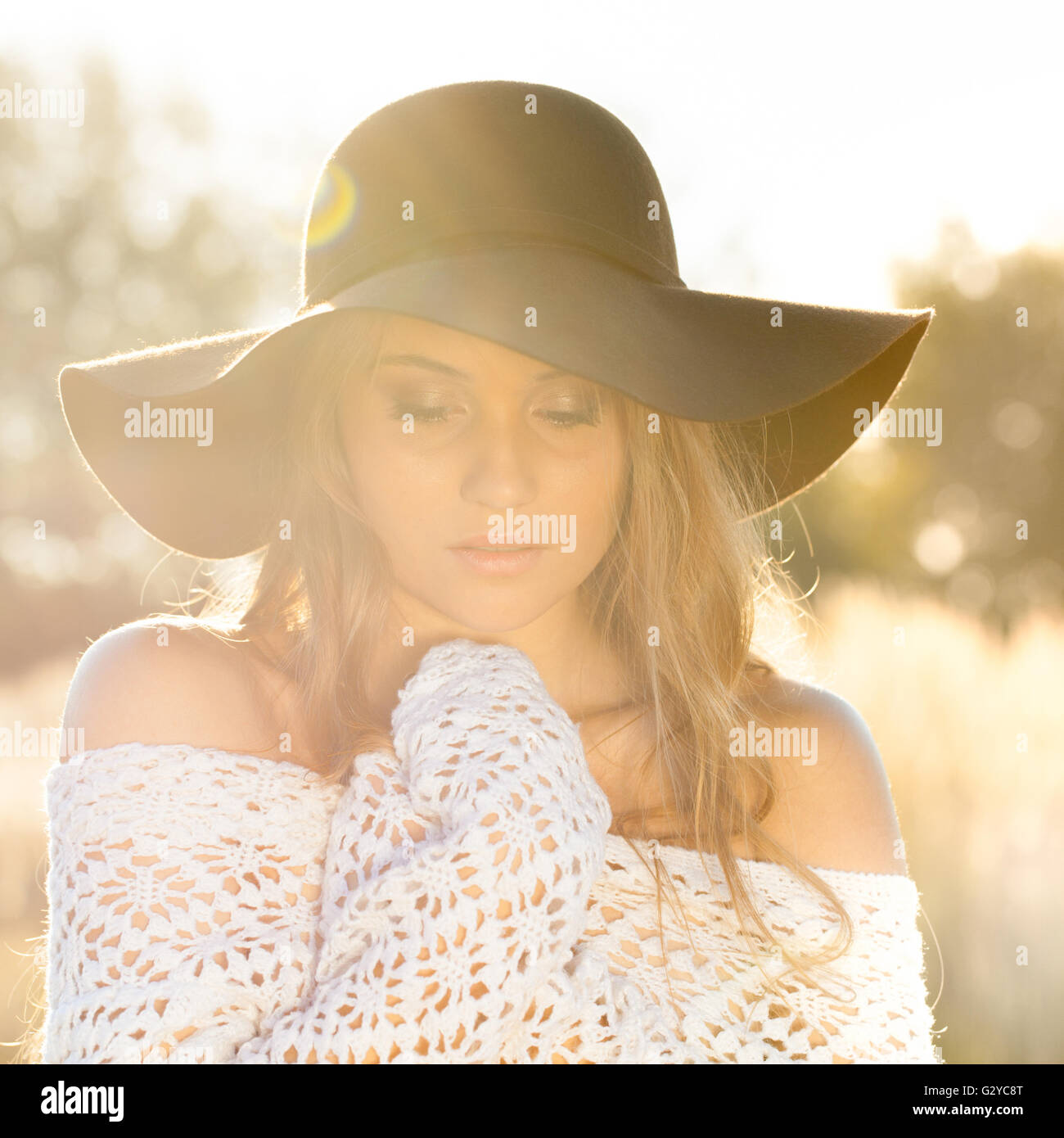 Lady model in open field - close up outdoors shot Stock Photo - Alamy