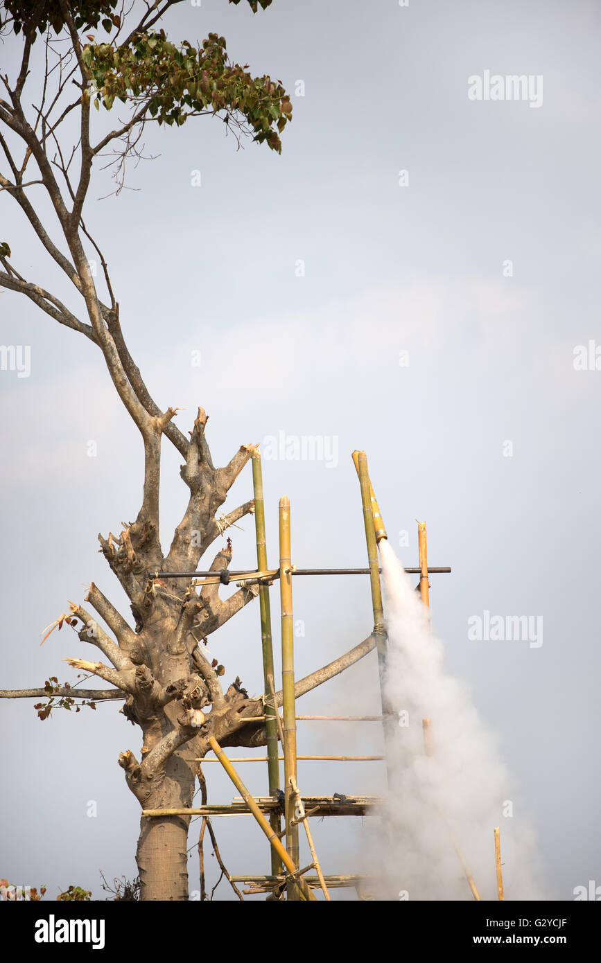 A bamboo rocket starting during the flying contest on Pa'O people ...