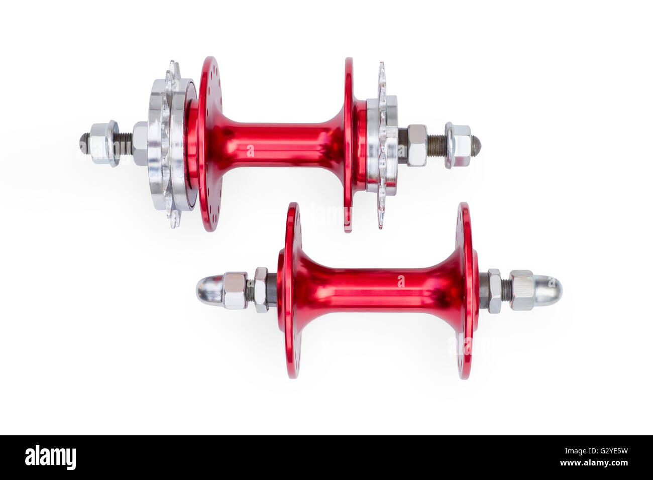 Two red sparkling bicycle hubs isolated on white with clipping path ...