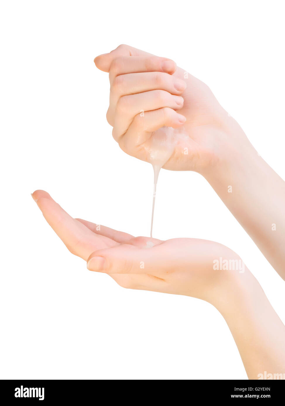 Two hands applying liquid soap. Isolated on white with clipping path ...