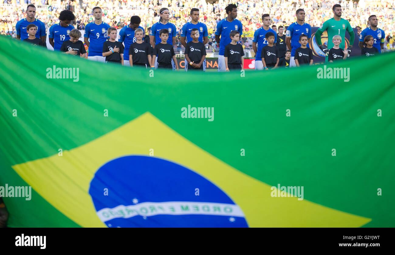 Pasadena, USA. 4th June, 2016. The line-up players of Brazil stand in a ...