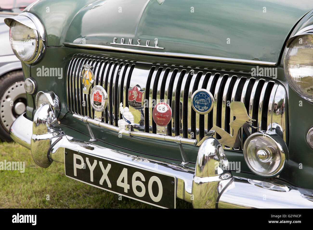 Bromley,UK,5th June 2016,A Ford Consul with badges on display at the ...
