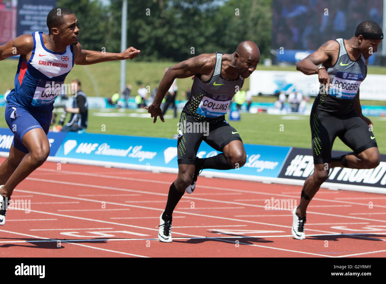 Birmingham, UK. 5th June, 2016. Kim Collins takes first place in the ...