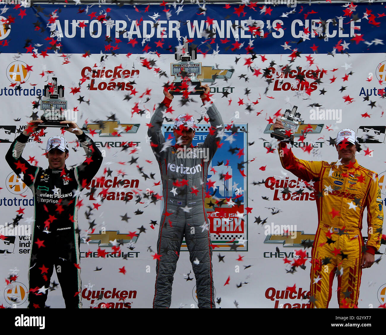 JUN 05, 2016: Detroit, MI - 1st place winner (ctr) Will Power 2nd place ...
