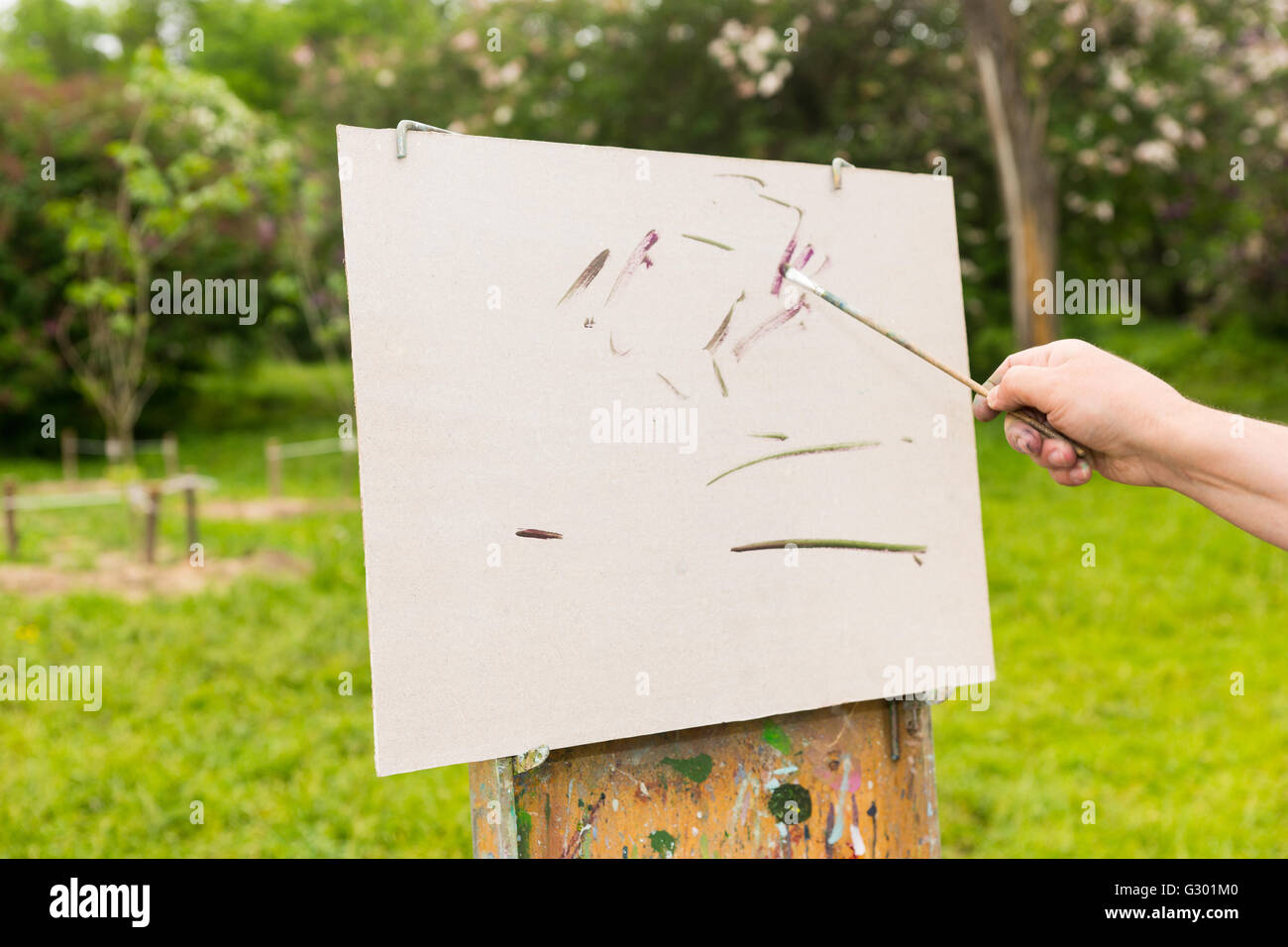 Begining of creation a artist's sketch on sketchbook in a garden Stock ...