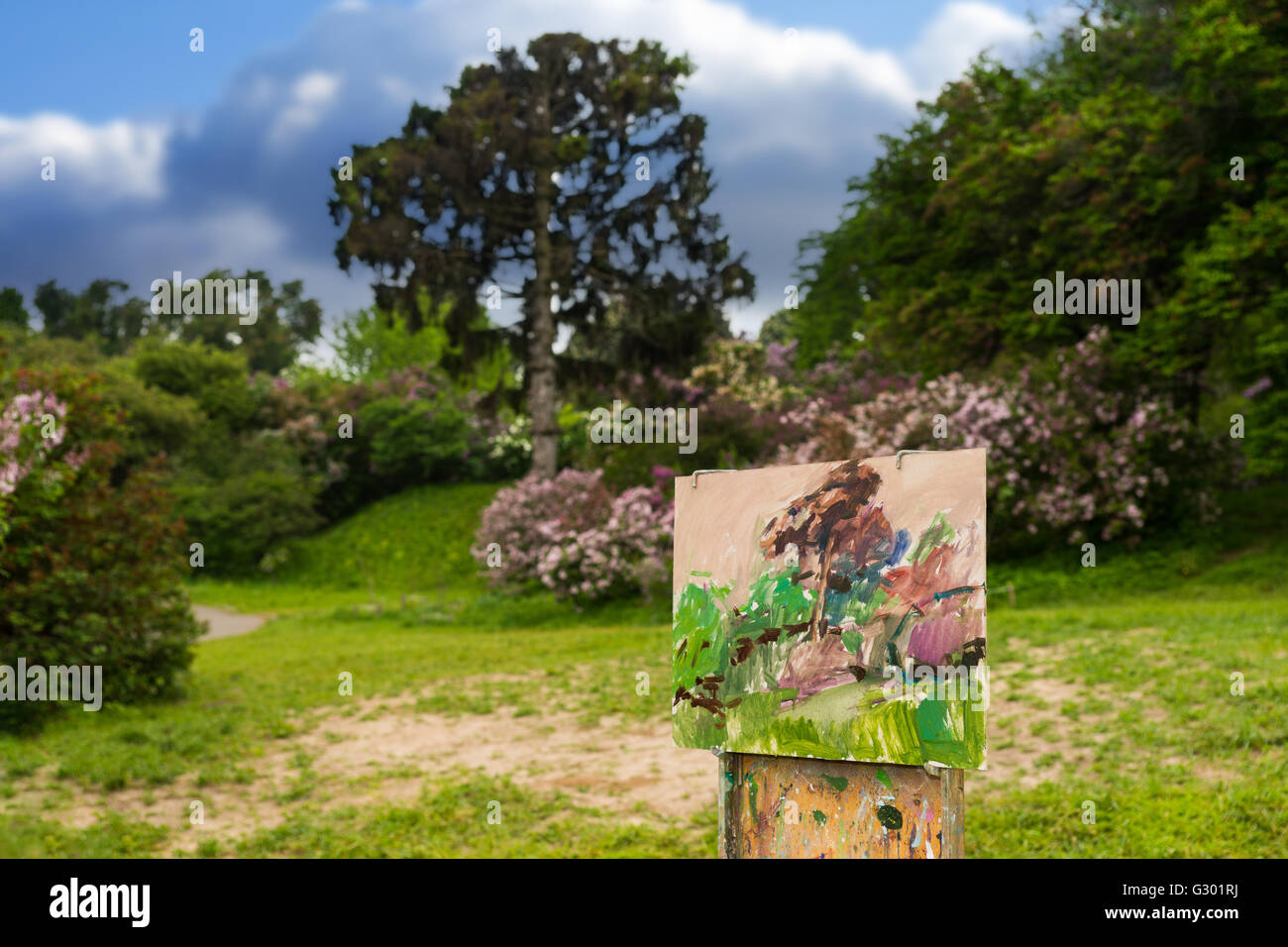 Painter's sketch of a background of garden scene with flowers in a park ...