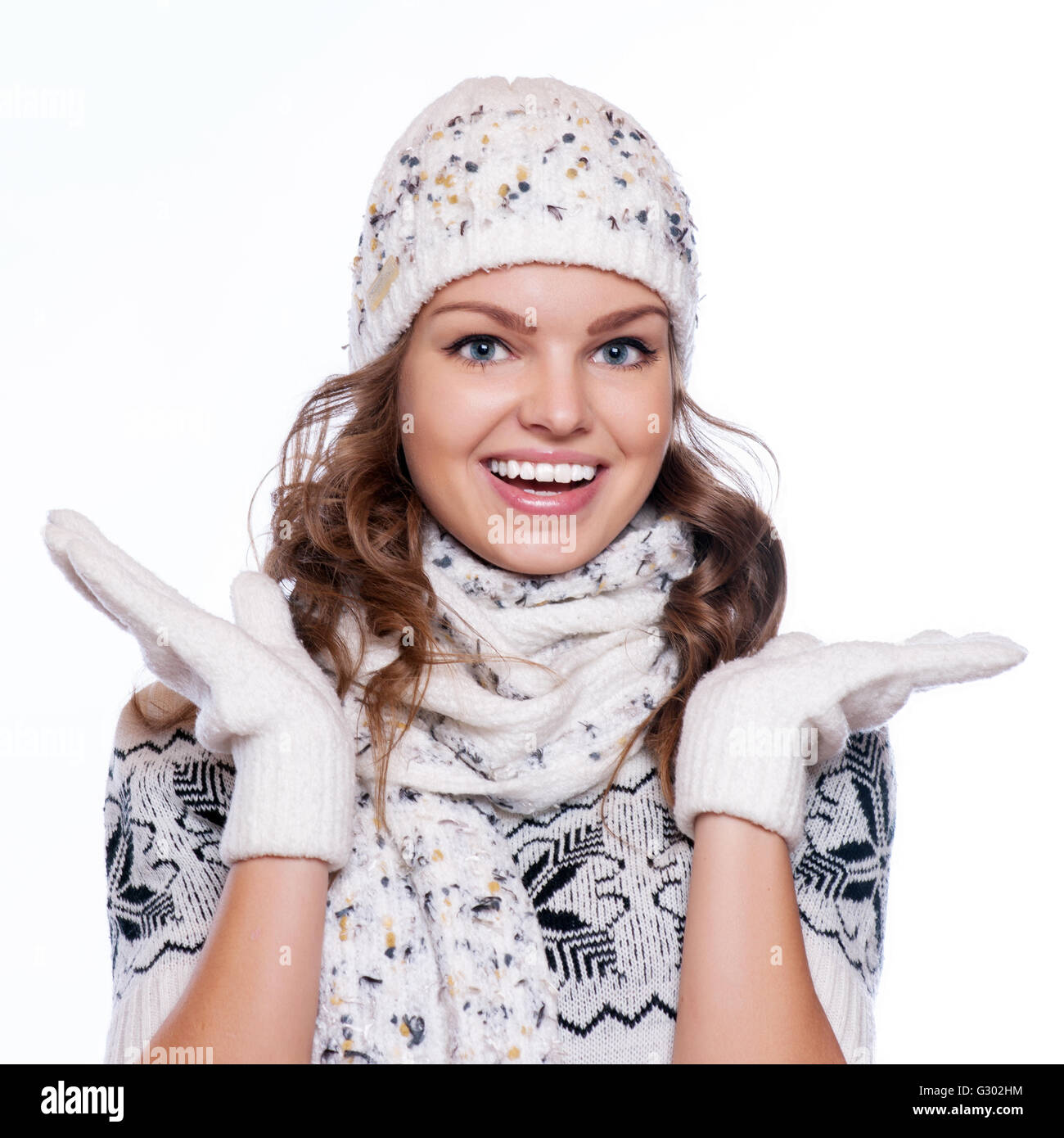 beautiful woman in warm clothing closeup portrait isolated Stock Photo ...