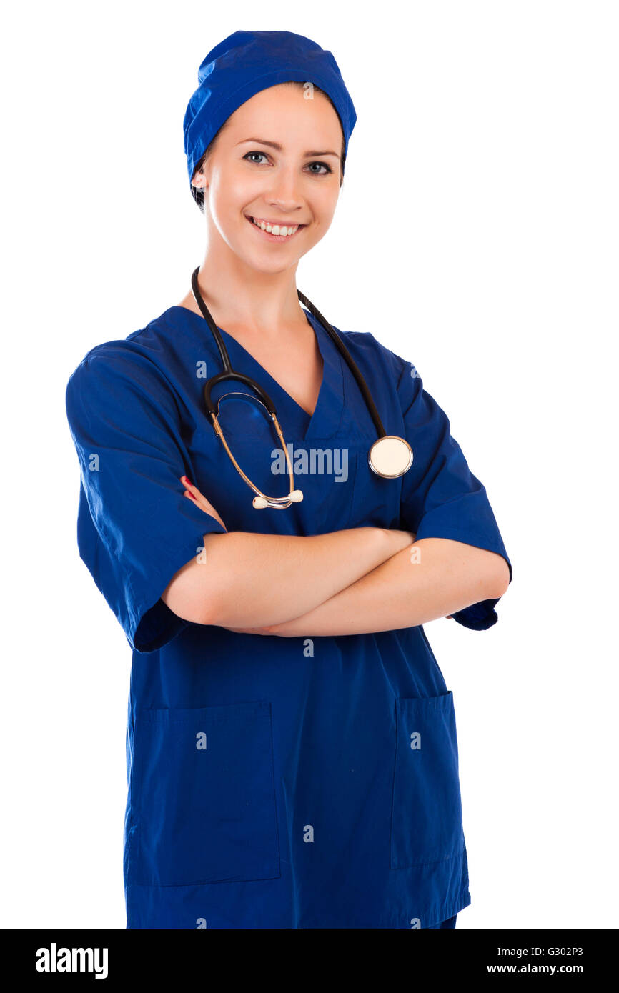 Portrait of a beautiful elegant successful doctor in blue uniform Stock ...