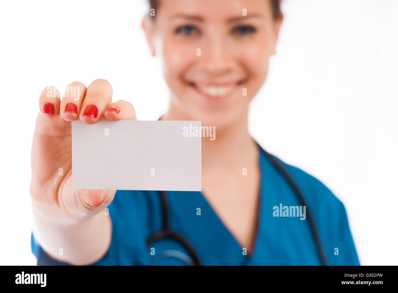 A female doctor holding an empty card Stock Photo - Alamy