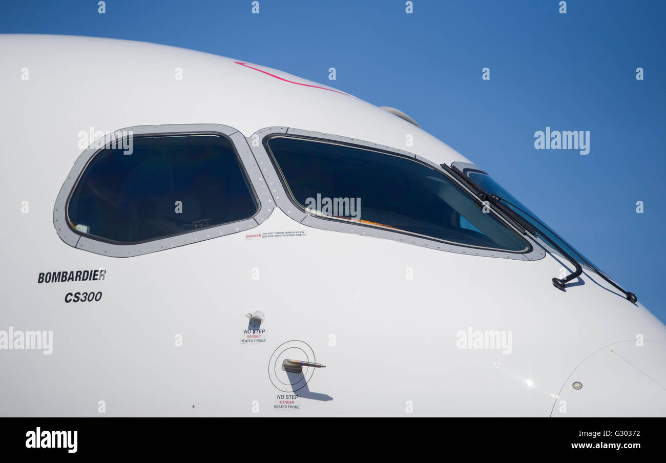 The cockpit of a Bombardier C Series 300 jet is shown at a Bombardier C ...