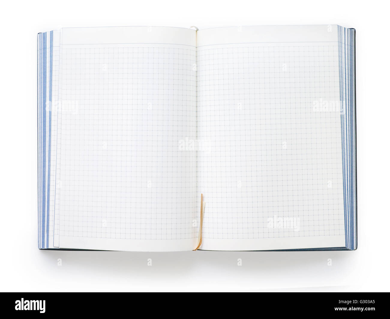 Blank open notebook with squared sheets and bookmark isolated on white ...