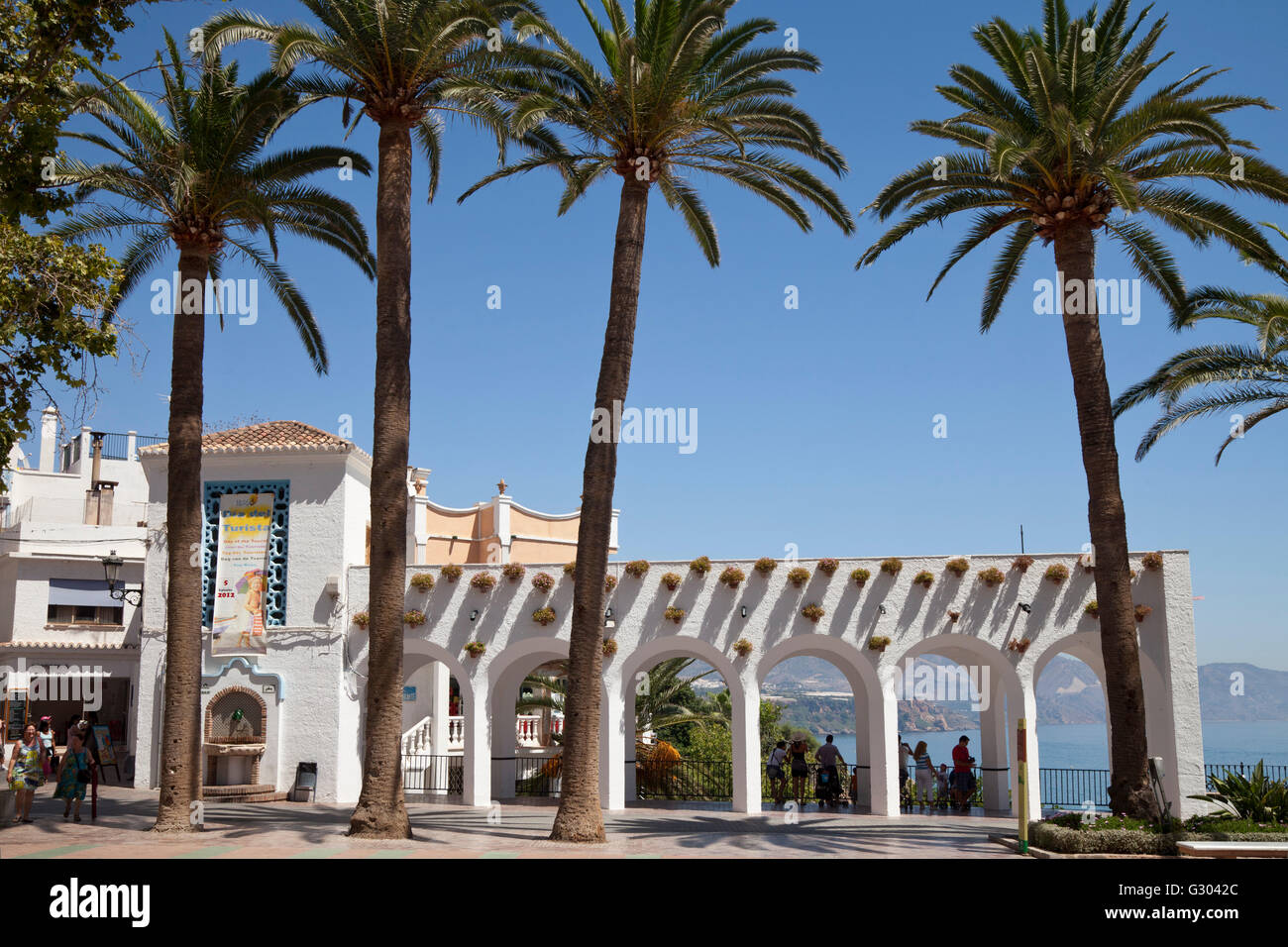Observation deck of Balcón de Europa, with palm trees, Nerja, Costa del ...
