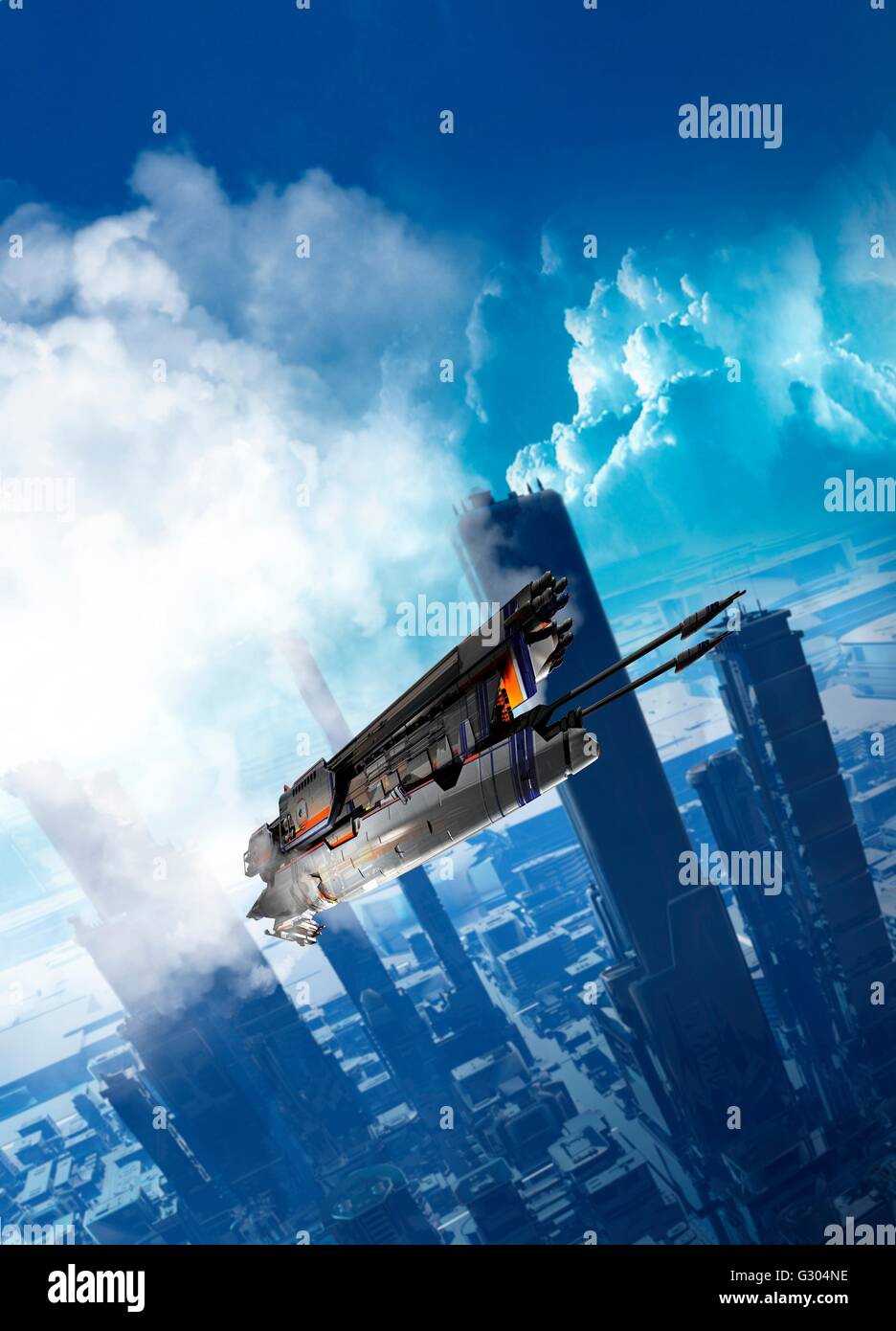 Space vehicle flying above futuristic planet, illustration Stock Photo ...
