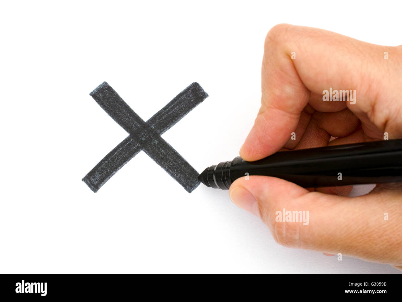 Woman hand with marker drawing black X mark on white background Stock ...
