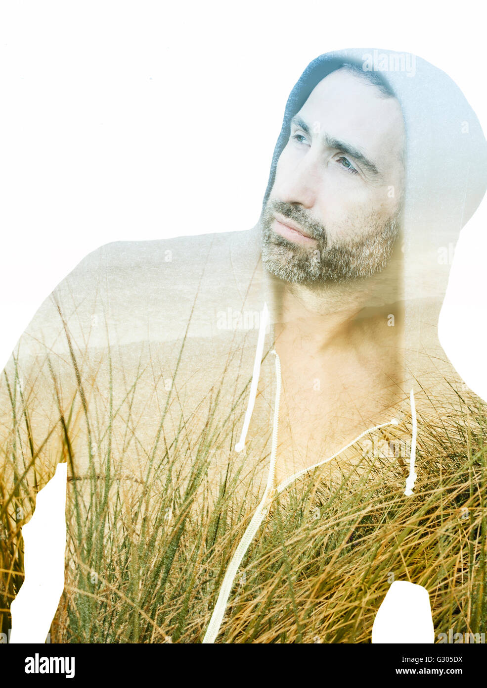 double exposure of handsome man and beach with grass Stock Photo - Alamy