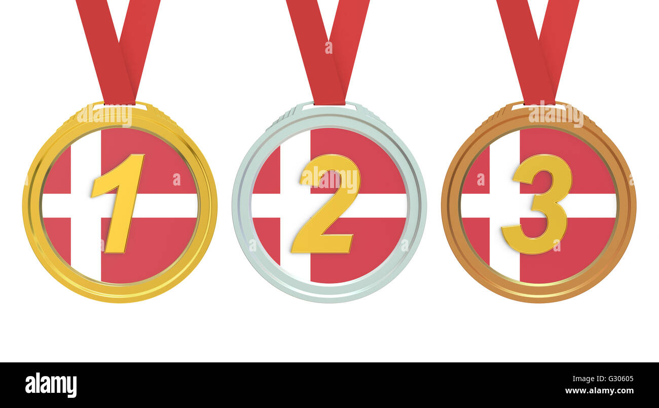 Gold, Silver and Bronze medals with Denmark flag, 3D rendering Stock ...