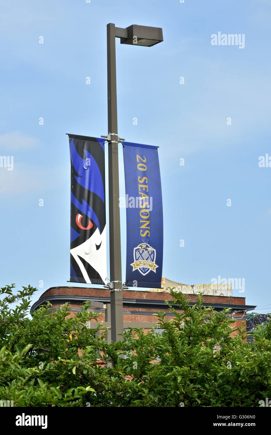 A Baltimore Ravens flag hanging from a light post in downtown Baltimore ...