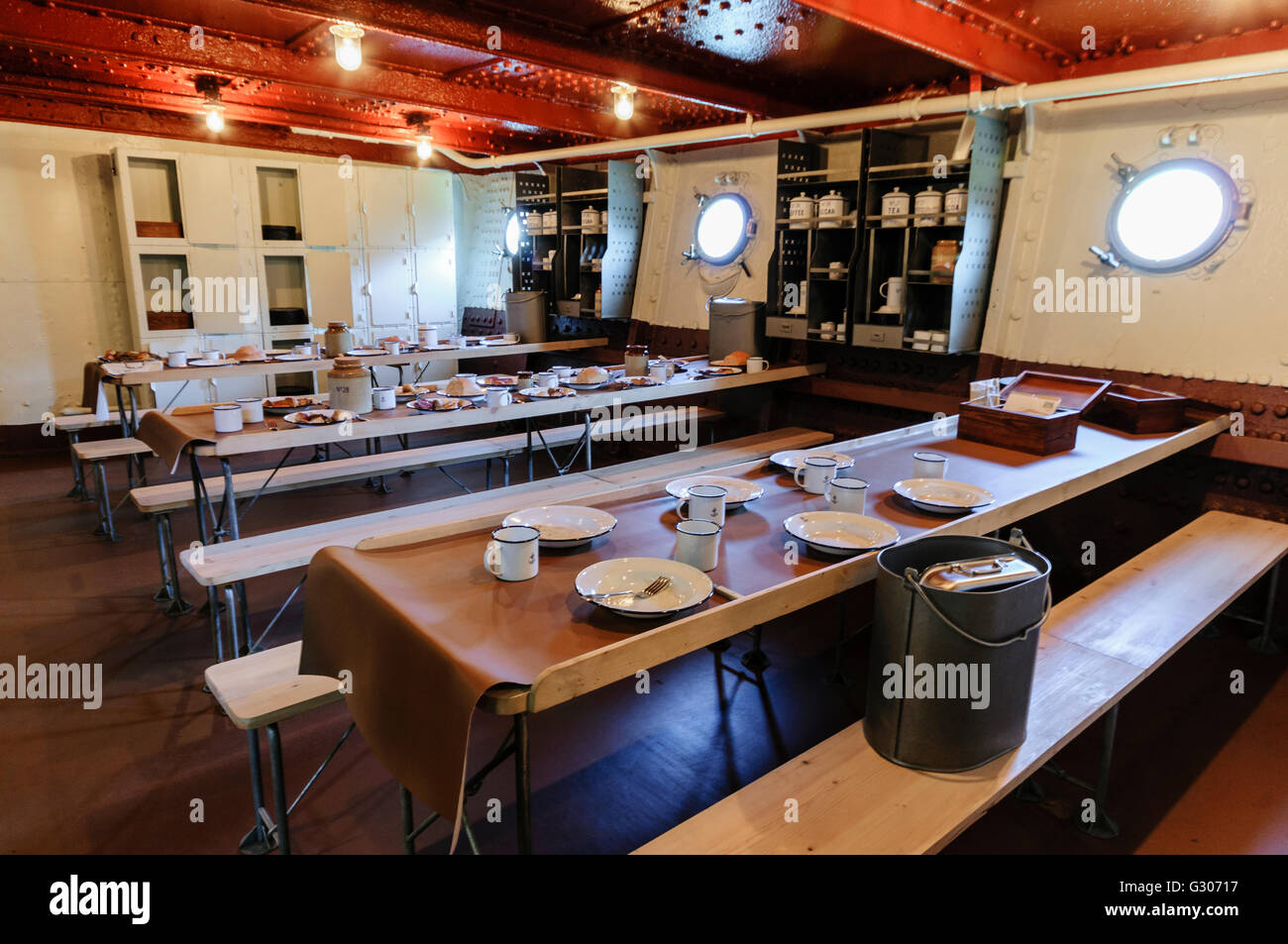 Crew mess room on HMS Caroline, Belfast, the last surviving ship from ...