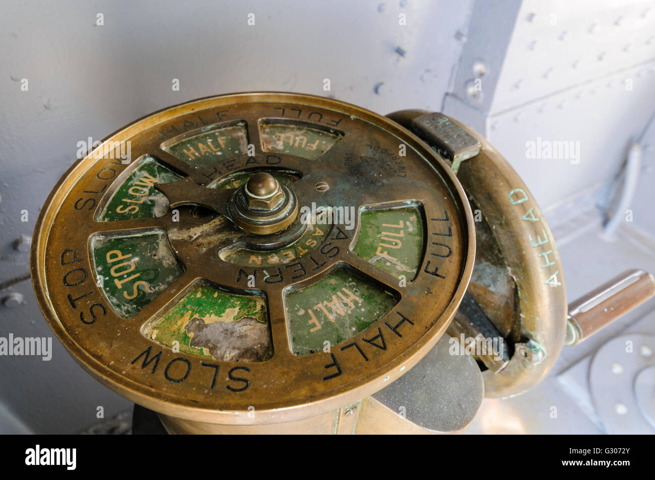 Engine room communications telegraph on the bridge of HMS Caroline ...