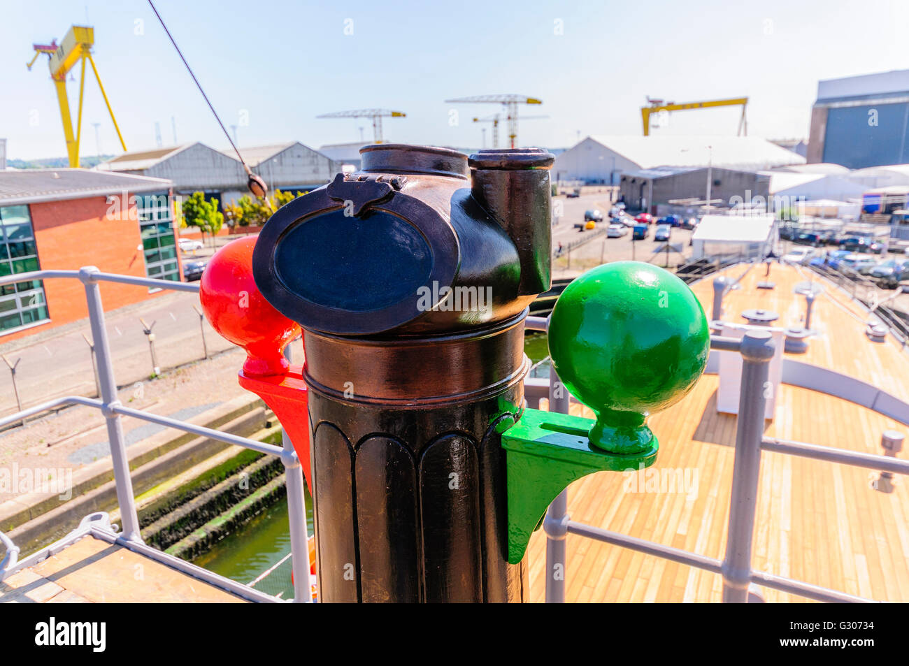 Ship's compass, with (incorrectly painted) red and green iron balls ...
